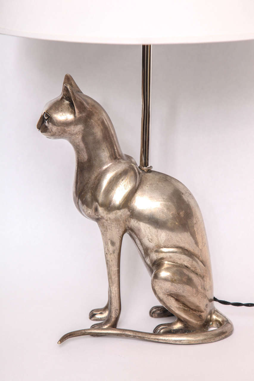 Pair of 1920s Silvered Bronze Sculptural Siamese Cat Table Lamps at 1stDibs