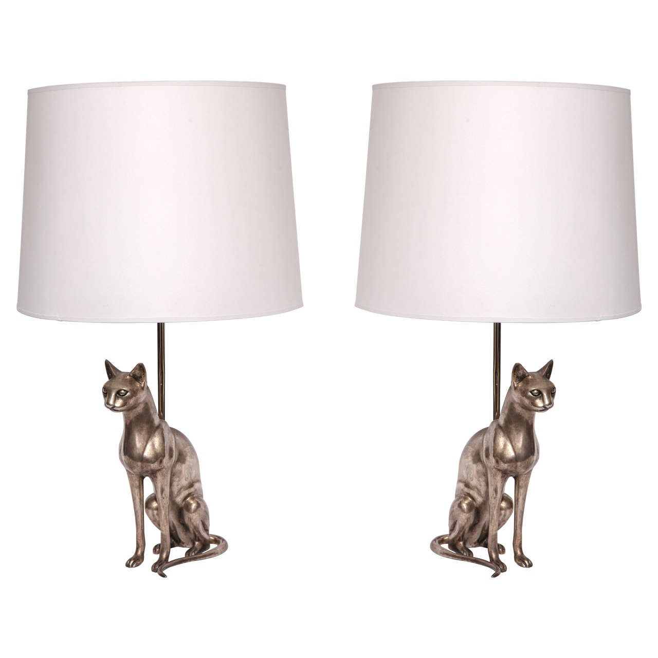 Pair of 1920s Silvered Bronze Sculptural Siamese Cat Table Lamps at 1stDibs