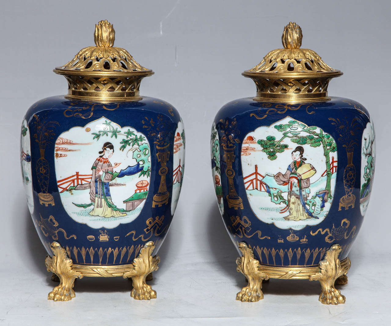 Pair Chinese Mazarin Blue Porcelain Ginger Jars/Potpourries w/ French ...