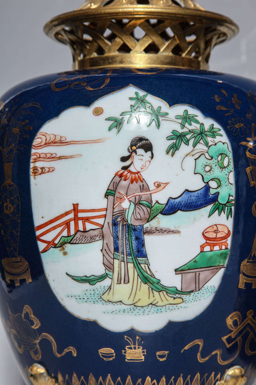 Pair Chinese Mazarin Blue Porcelain Ginger Jars/Potpourries w/ French ...
