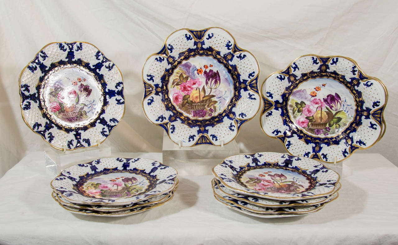 A Set of Dishes: A Dessert Service with Cobalt Blue and a Basket of ...
