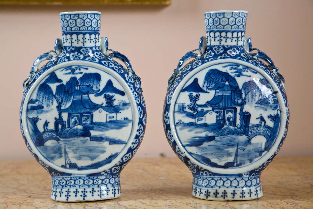 Pair of Blue and White Chinese Porcelain Moon Flasks at 1stDibs