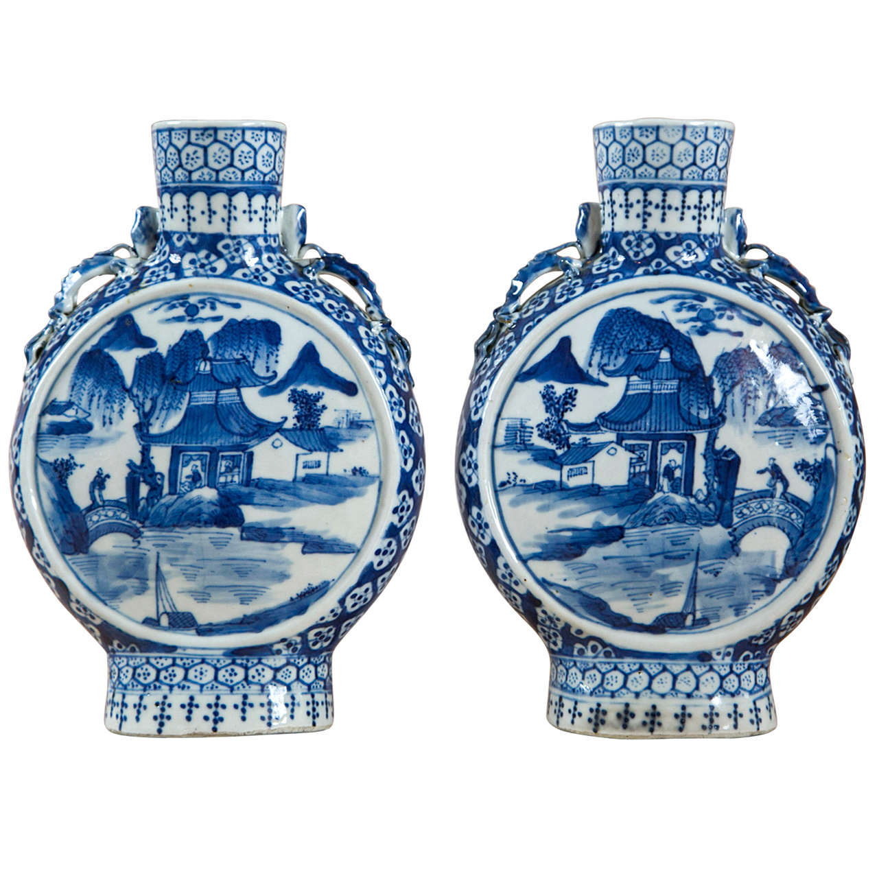 Pair of Blue and White Chinese Porcelain Moon Flasks at 1stDibs