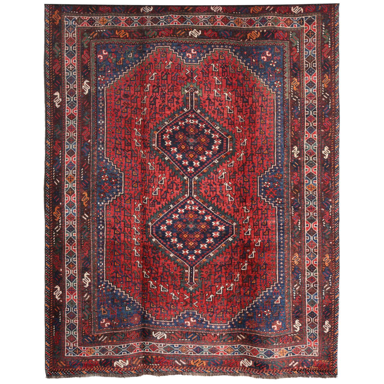 Antique 1920s Persian Qashqai Lion Rug, Cream, Red, Blue, and Brown ...
