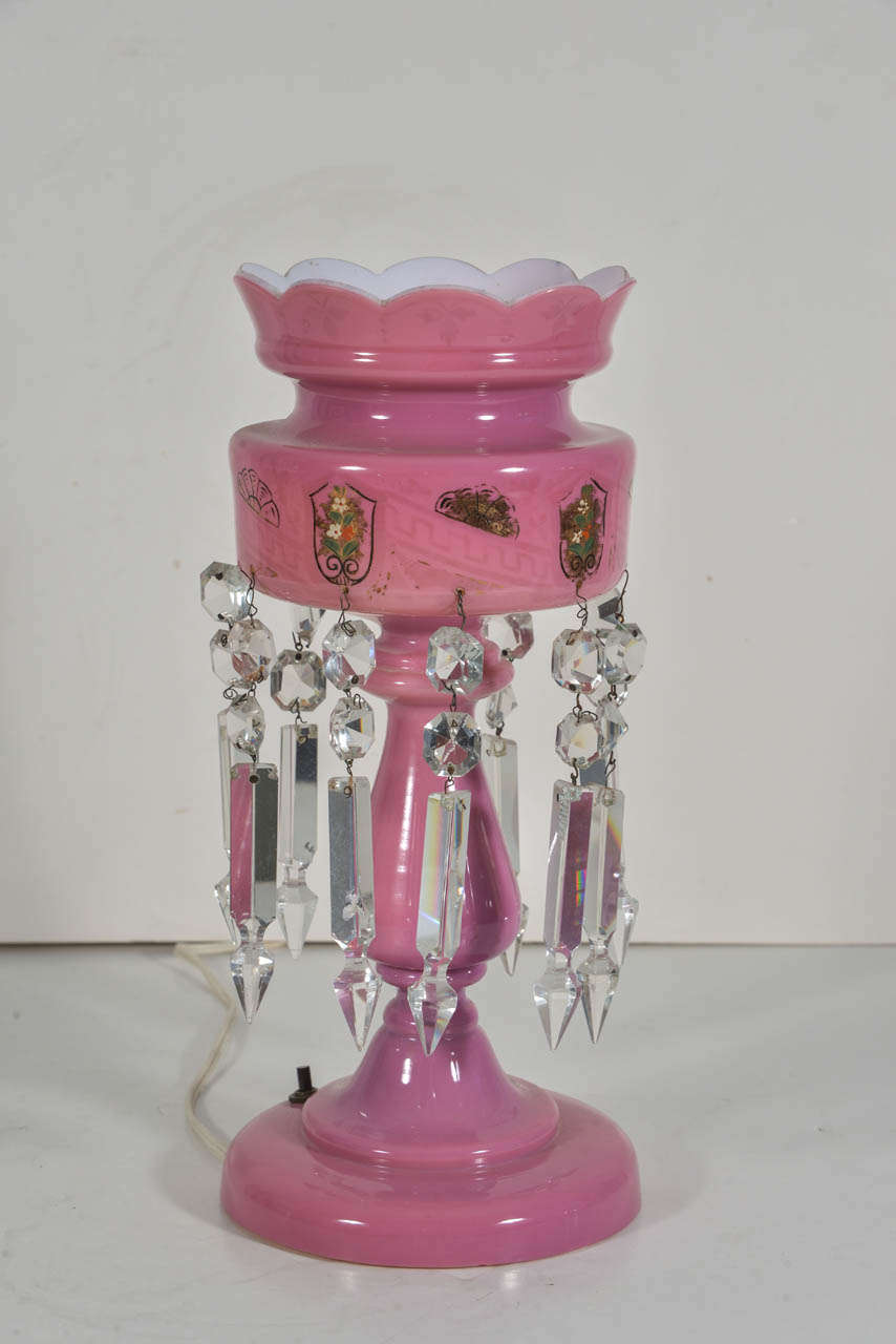 Pair of Antique Victorian 1800s Bohemian Pink Overlay Glass Lusters For ...