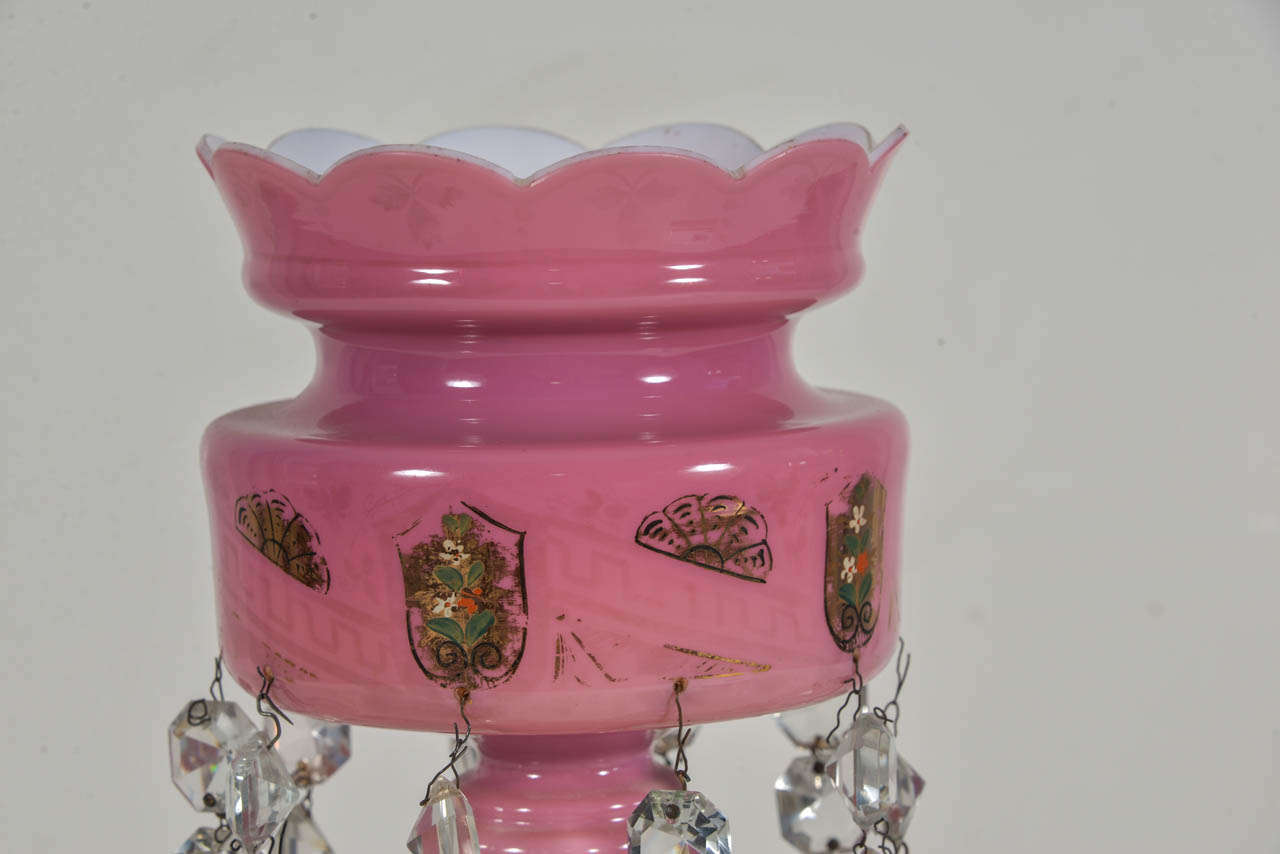 Pair of Antique Victorian 1800s Bohemian Pink Overlay Glass Lusters For ...