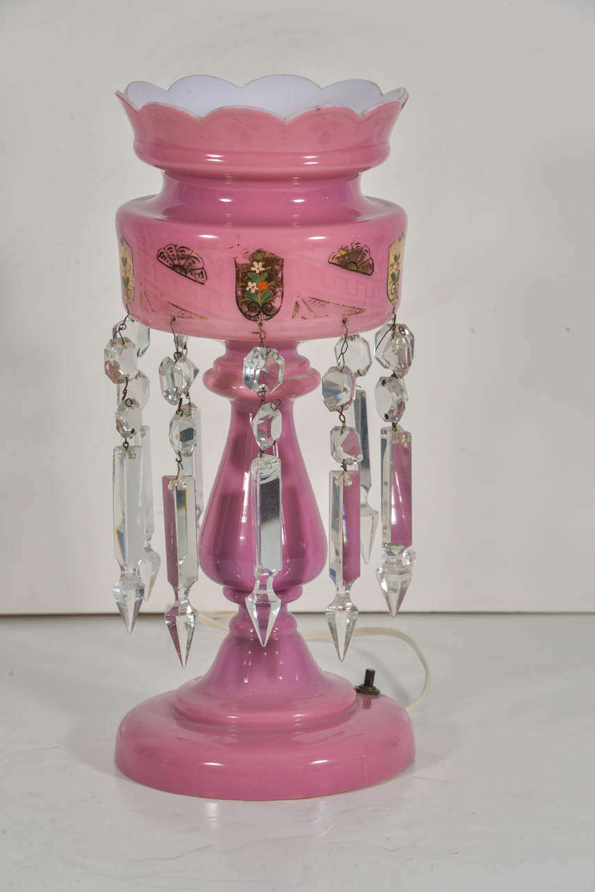 Pair of Antique Victorian 1800s Bohemian Pink Overlay Glass Lusters For ...