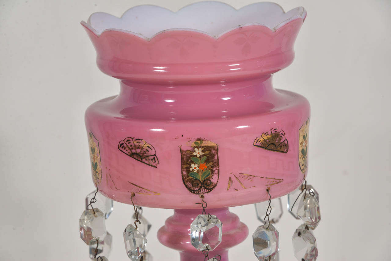 Pair of Antique Victorian 1800s Bohemian Pink Overlay Glass Lusters For ...