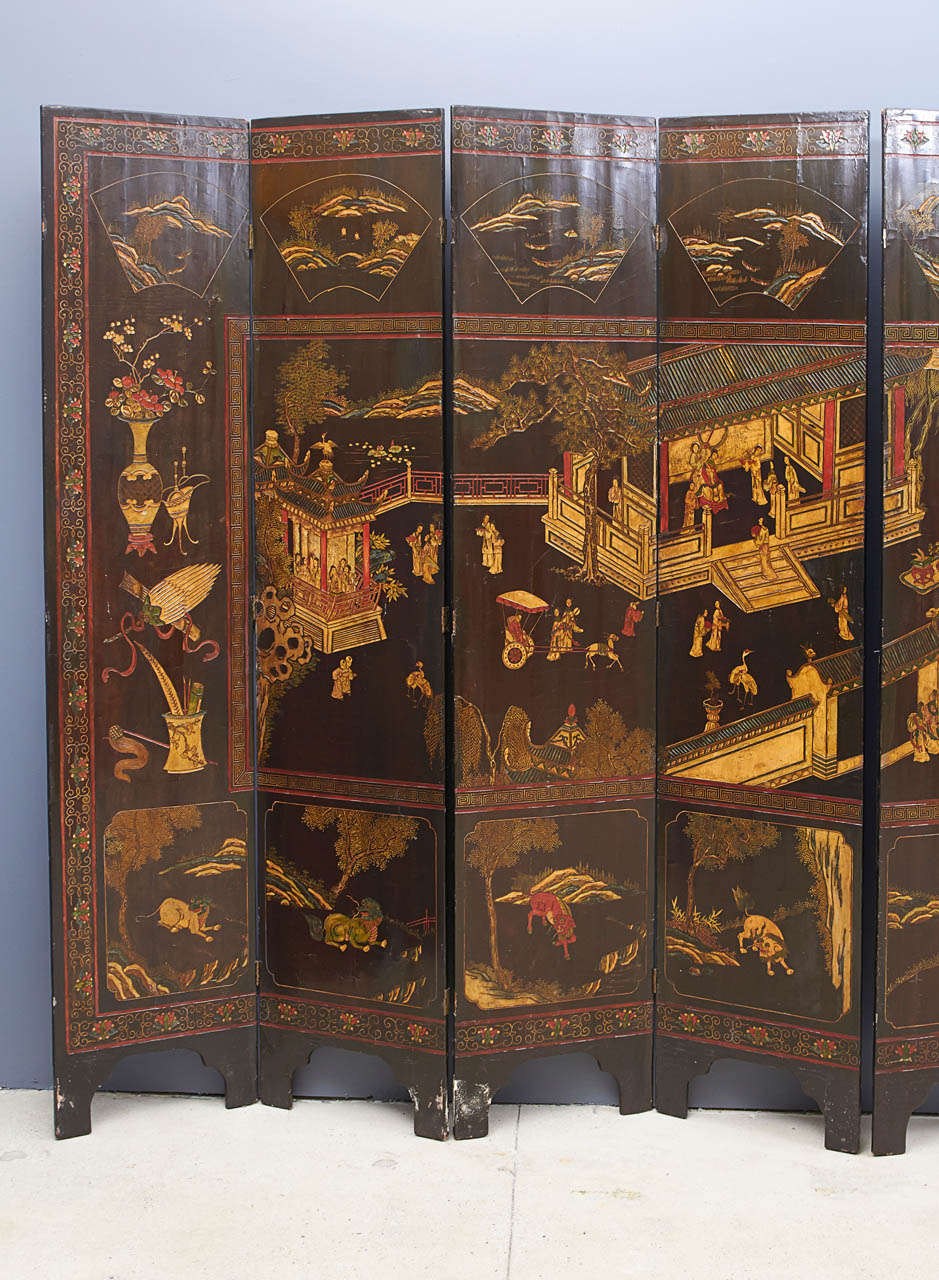 Chinese Black and Polychrome Coromandel Lacquer 8 Panel Screen at 1stDibs