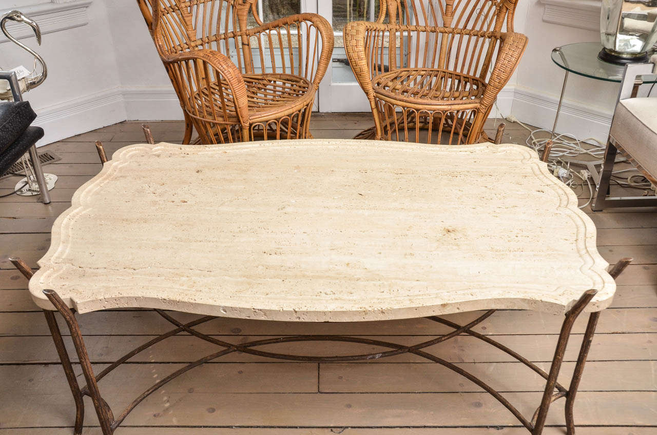 Faux-Bois Iron Base Limestone Top Coffee Table with Scalloped Edge at ...