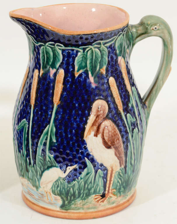 Two Crane Motif Majolica Pitchers, England, 19th Century at 1stDibs