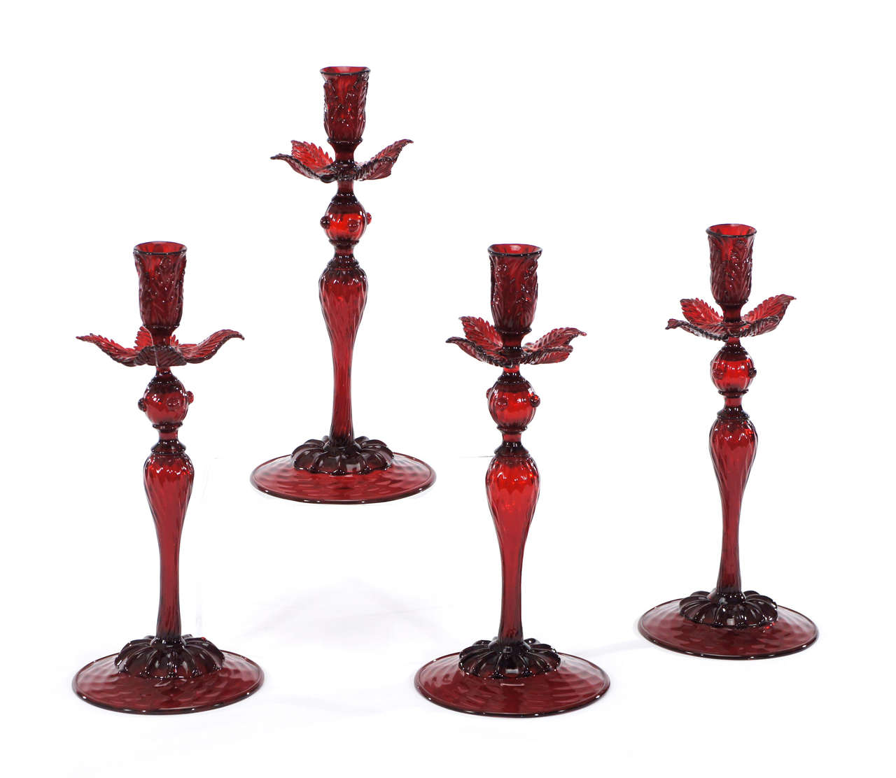 Set of 4 Salviati Venetian/Murano Ruby Candlesticks w/ "Leaf" Bobeches ...