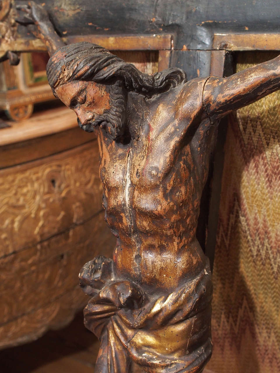 17th Century Italian Carved Painted and Gilt Wood Crucifix with Christ ...