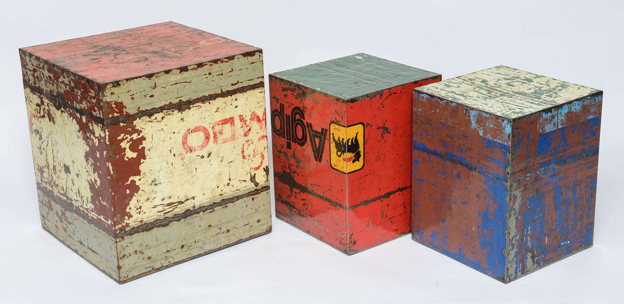 Midcentury Metal Signs Crafted into Cubes as Side Tables at 1stDibs