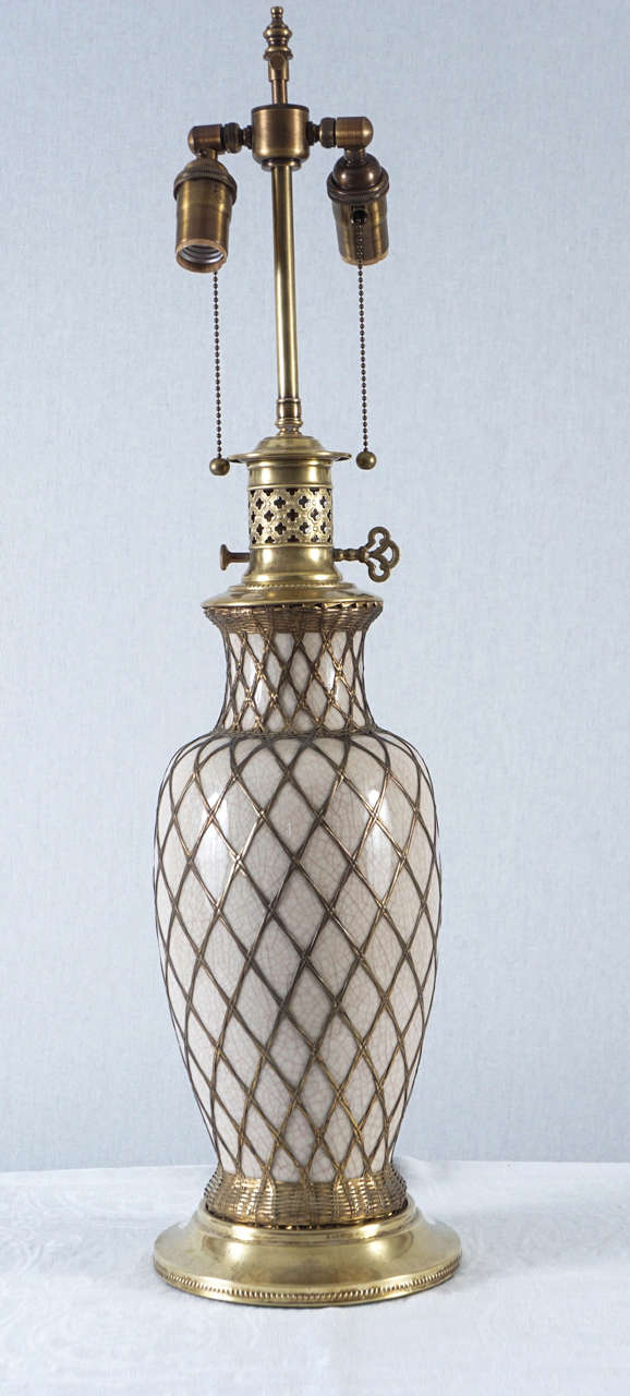 French Brass Wire Wrapped Porcelain Vases Mounted as Oil Lamps at 1stDibs