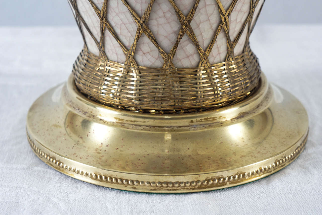 French Brass Wire Wrapped Porcelain Vases Mounted as Oil Lamps at 1stDibs