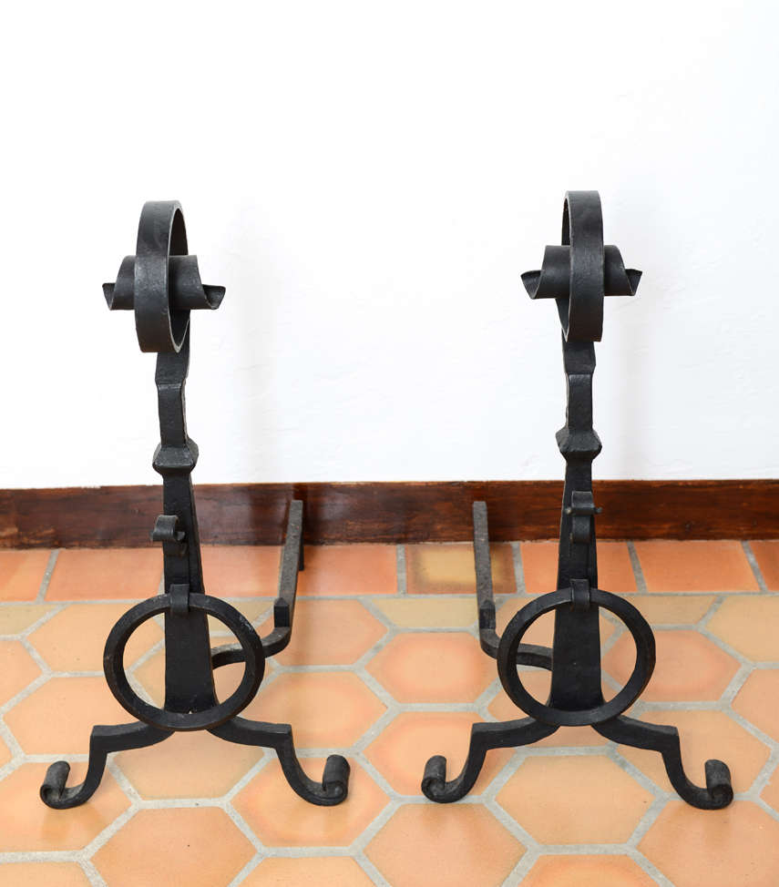 Pair of Wrought Iron, Spanish-Colonial Style Andirons, Style of Addison ...