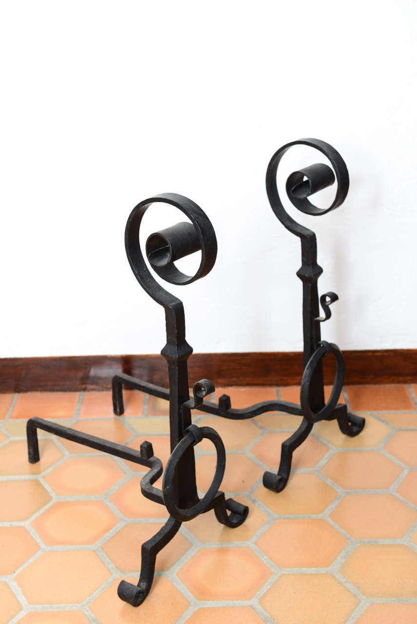 Pair of Wrought Iron, Spanish-Colonial Style Andirons, Style of Addison ...