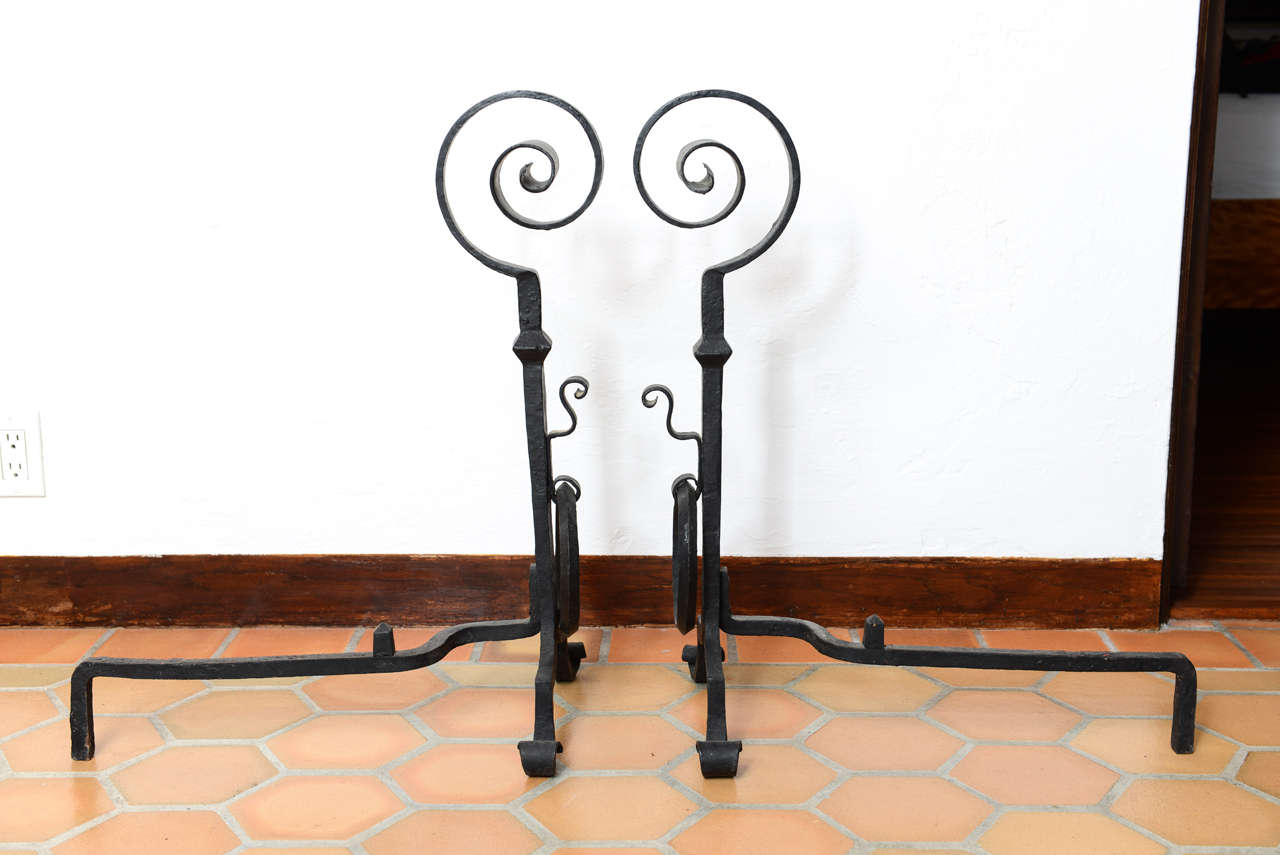 Pair of Wrought Iron, Spanish-Colonial Style Andirons, Style of Addison ...