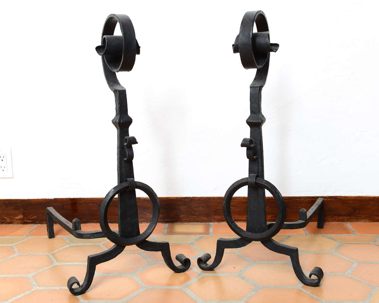 Pair of Wrought Iron, Spanish-Colonial Style Andirons, Style of Addison ...