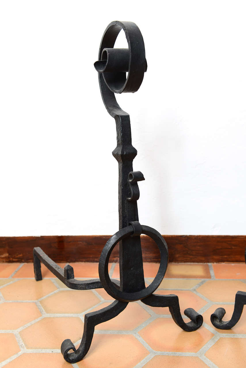 Pair of Wrought Iron, Spanish-Colonial Style Andirons, Style of Addison ...