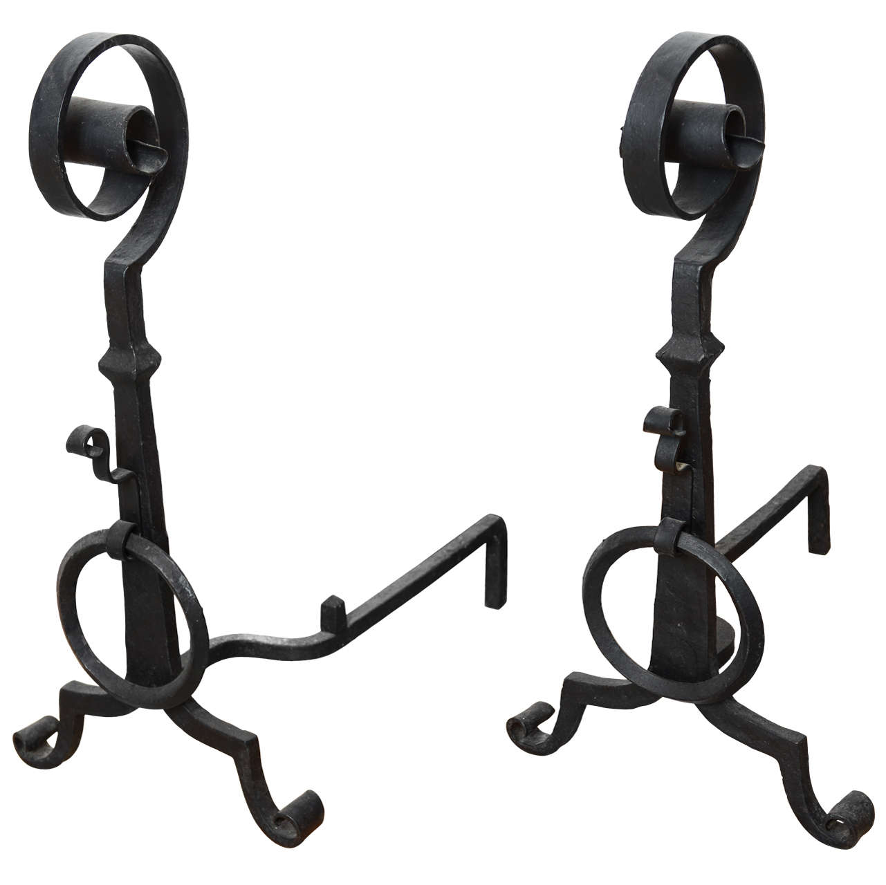 Pair of Wrought Iron, Spanish-Colonial Style Andirons, Style of Addison ...