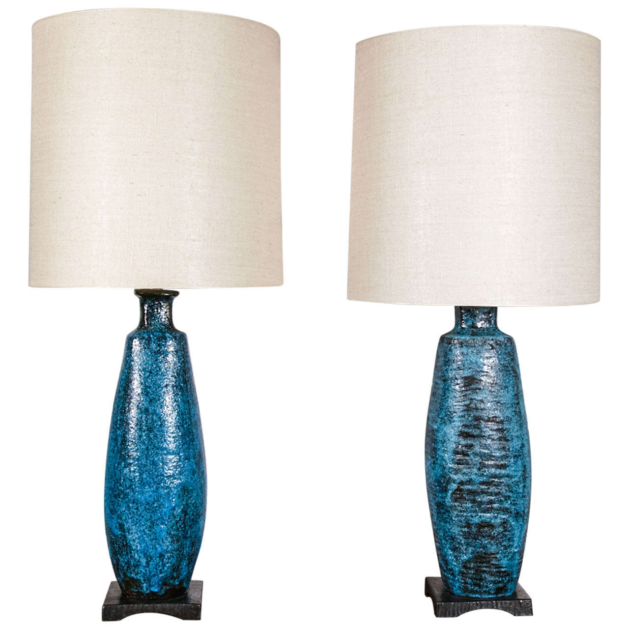 Pair of Large Blue Ceramic Lamps at 1stDibs