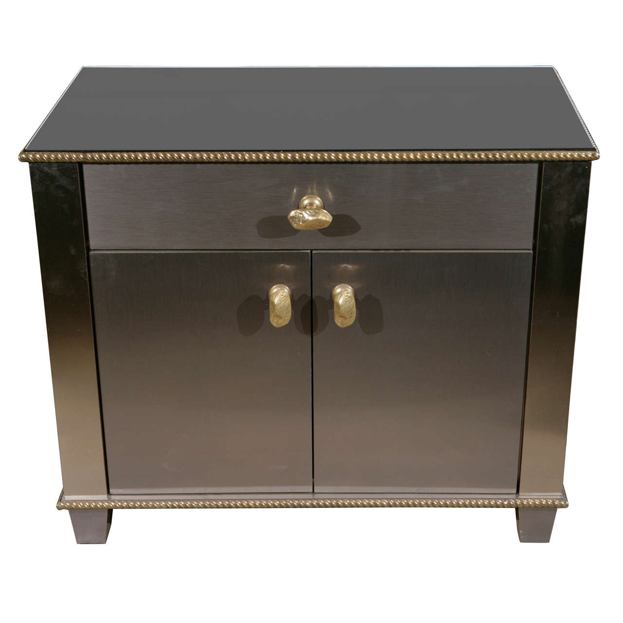 Metal Clad Cabinet with Unique Bronze Pulls at 1stDibs