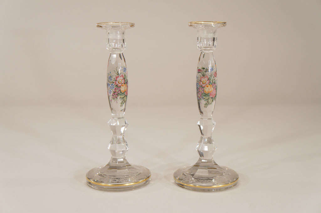 Moser Hand Blown Crystal Candlesticks w/ Enamel Decoration For Sale at ...