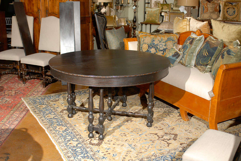 French Dark Wood Round Dining Table with Five-Leaf Extensions and ...