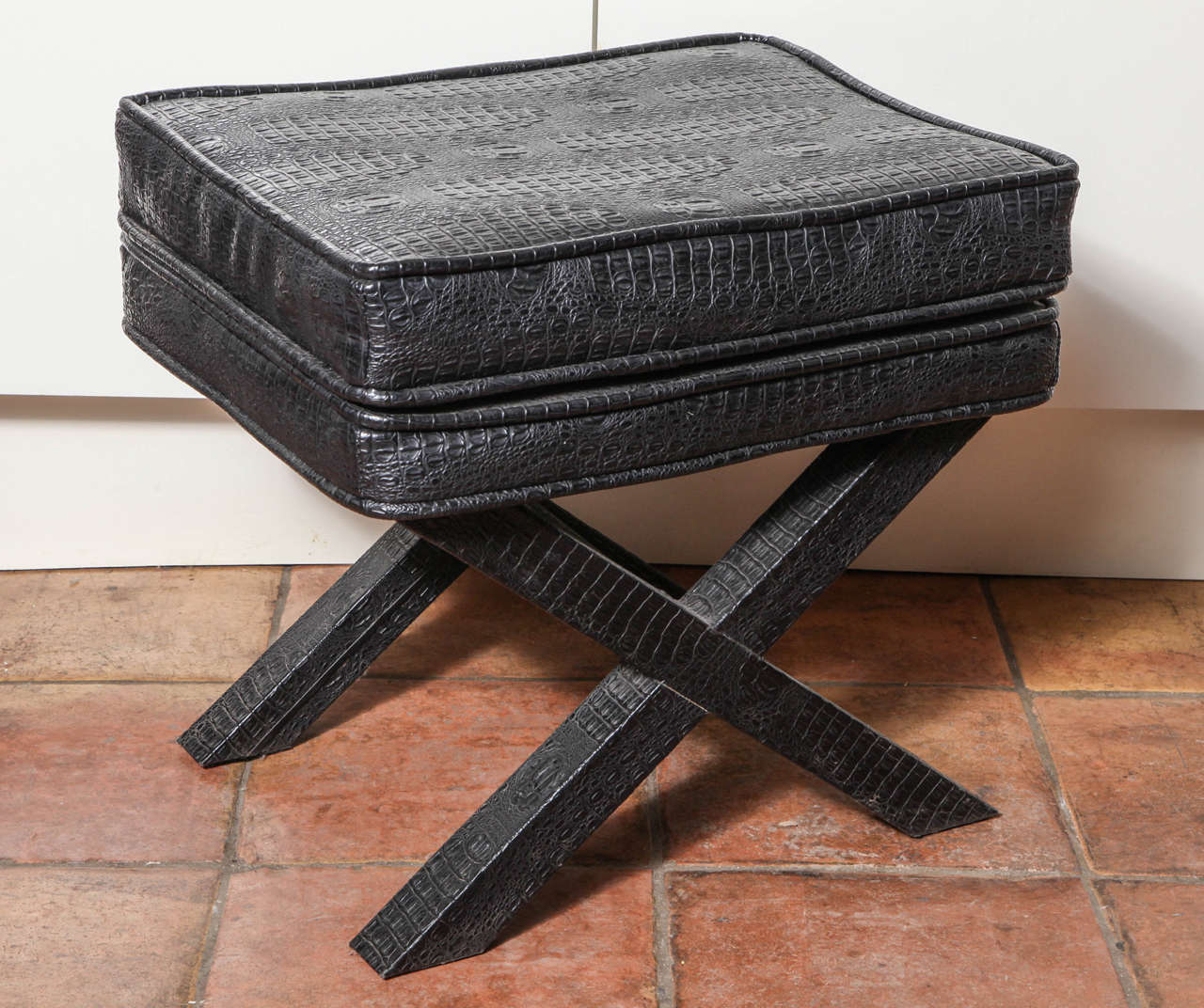 1970s English Black Faux Crocodile Leather X Ottoman For Sale at ...