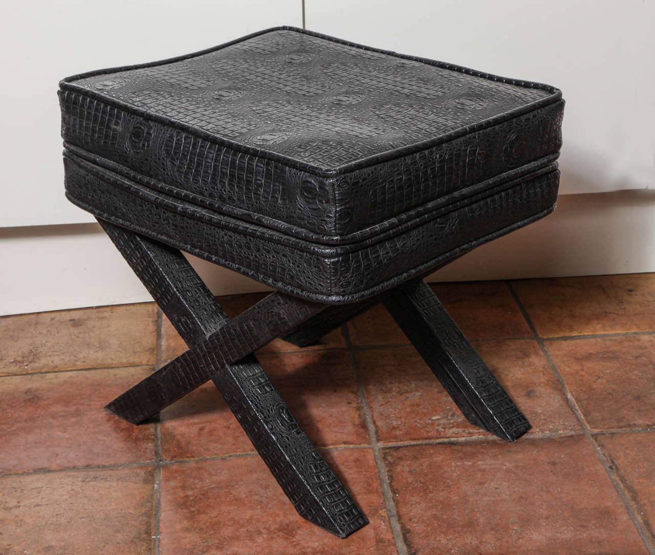 1970s English Black Faux Crocodile Leather X Ottoman For Sale at ...