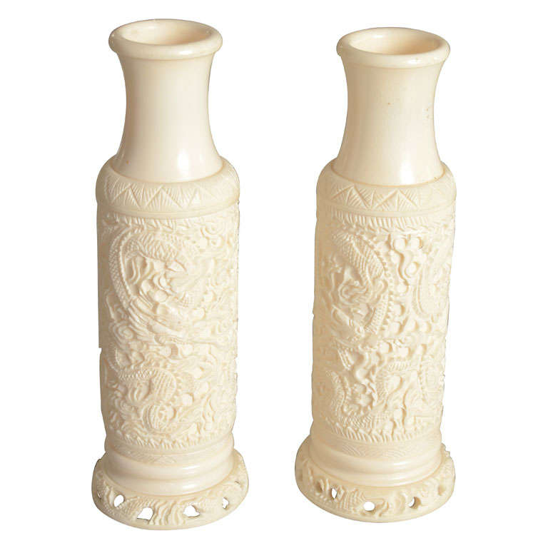 Pair of Hand Carved Chinese Ivory Vases at 1stDibs | carved ivory vase
