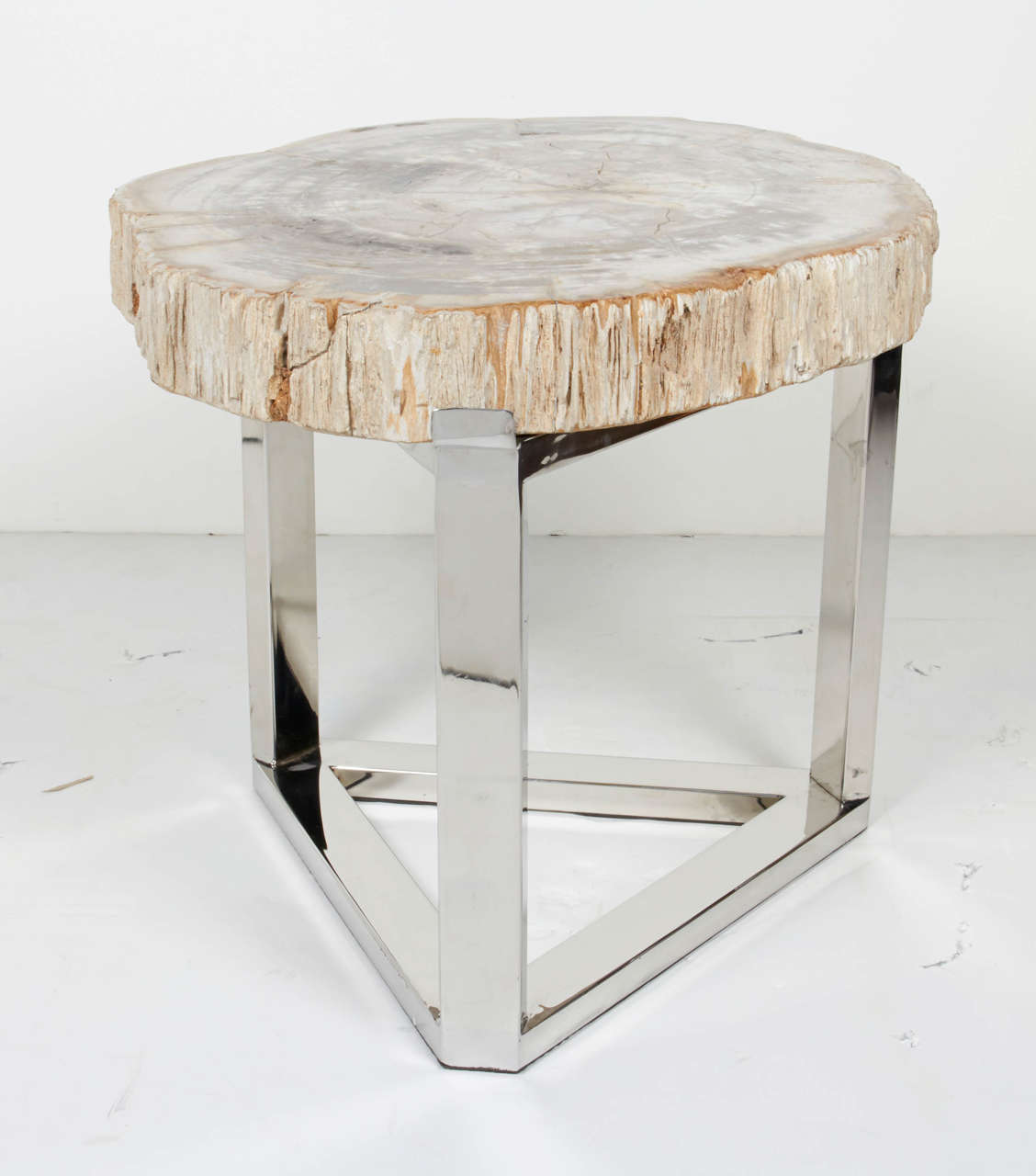 Pair of Petrified Wood Slab Side Tables with Chrome Bases at 1stDibs