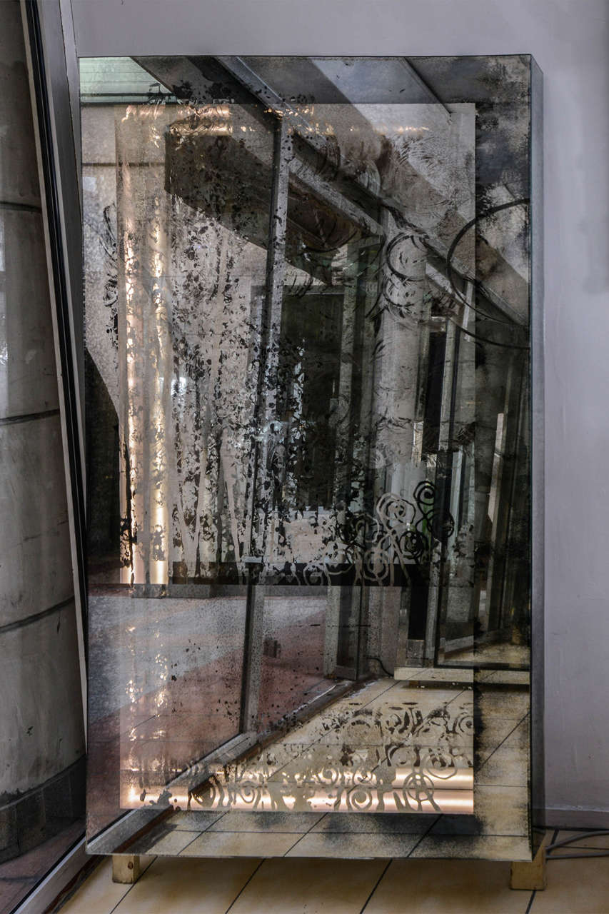 Unusual Pair of Illuminated Mirrors with Etched Glass at 1stDibs