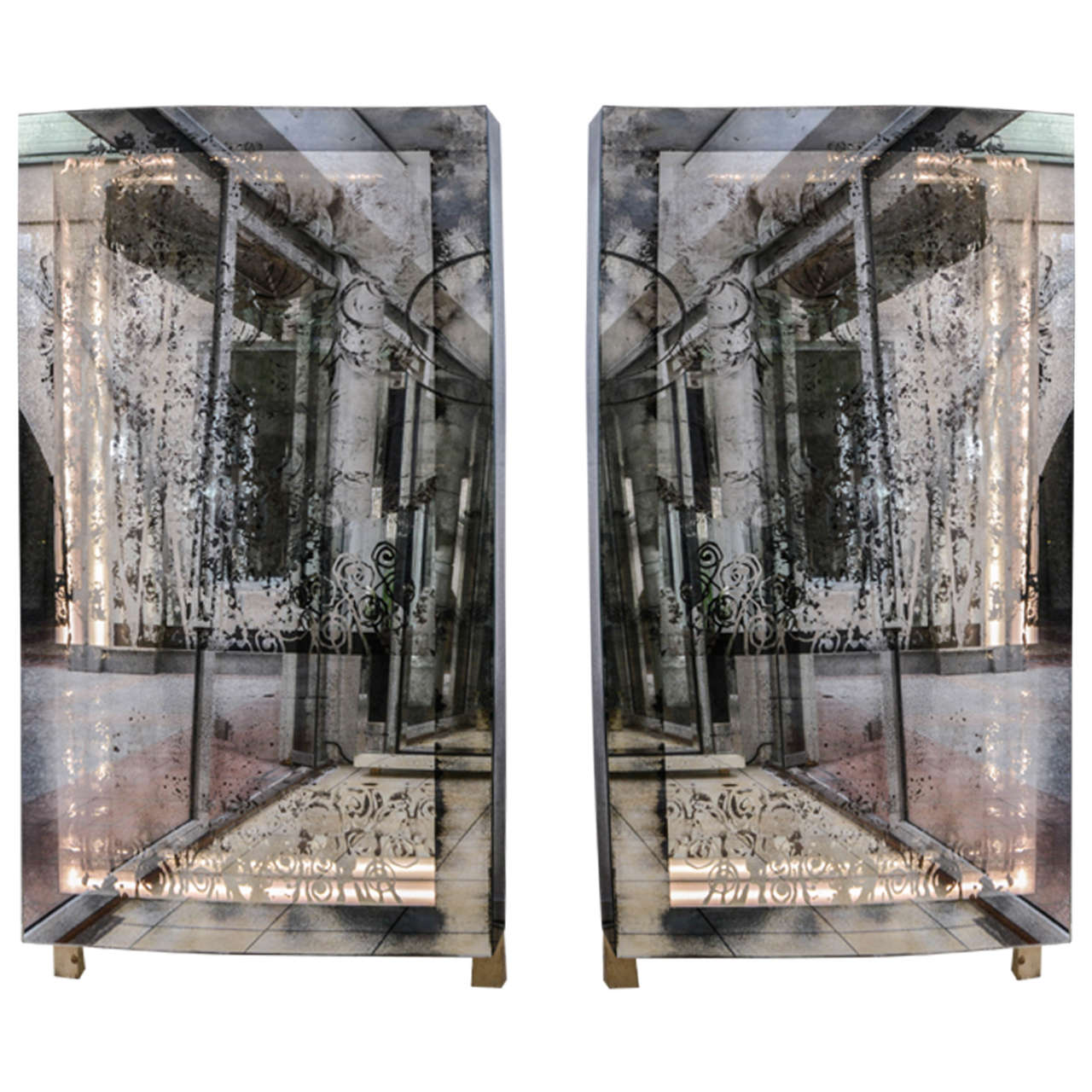 Unusual Pair of Illuminated Mirrors with Etched Glass at 1stDibs