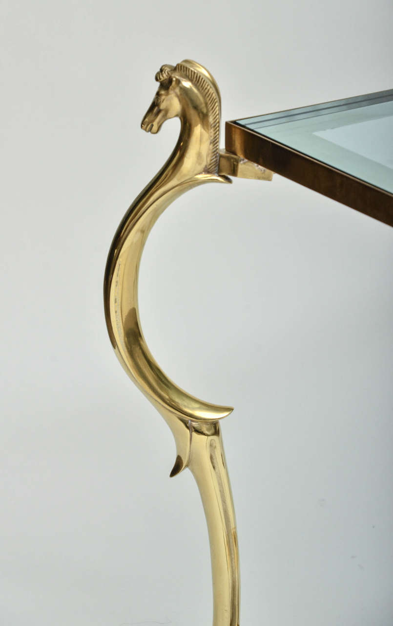 Pair of Curvilinear Brass Side Tables with Horse Head Finials at 1stDibs
