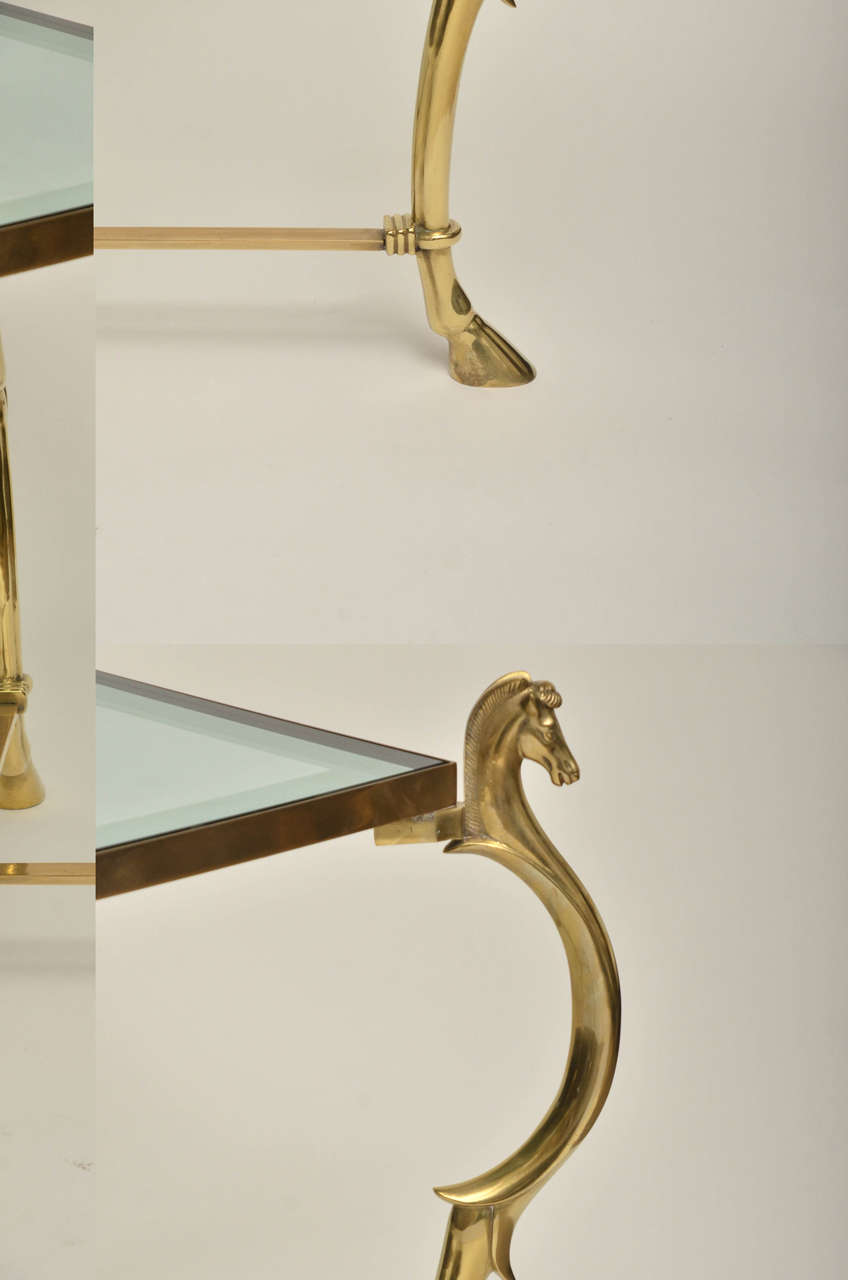 Pair of Curvilinear Brass Side Tables with Horse Head Finials at 1stDibs