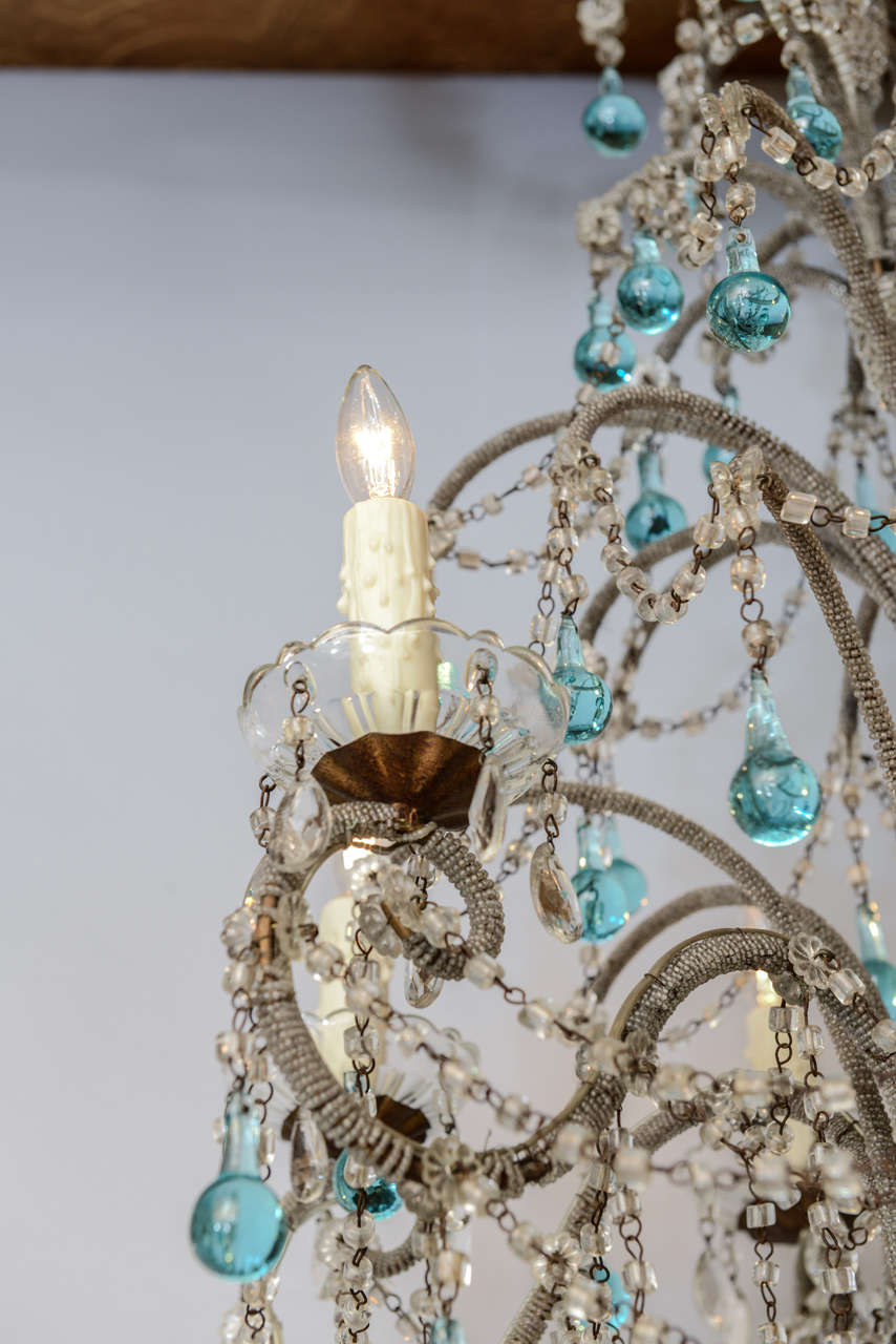 Italian Beaded-Arm Six Light Chandelier with Turquoise Glass Drops at ...
