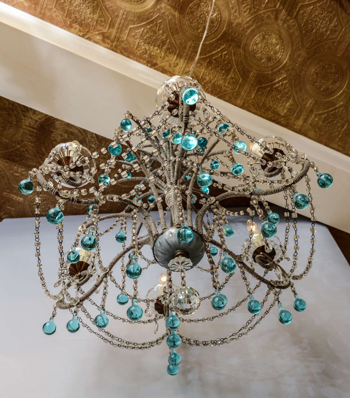 Italian Beaded-Arm Six Light Chandelier with Turquoise Glass Drops at ...