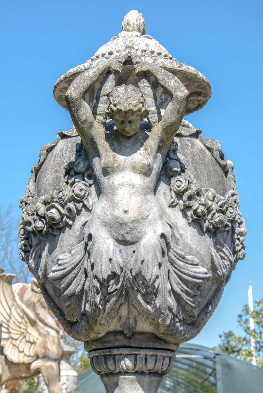 Pair of Large Ornate Stone Urns on Plinths For Sale at 1stDibs