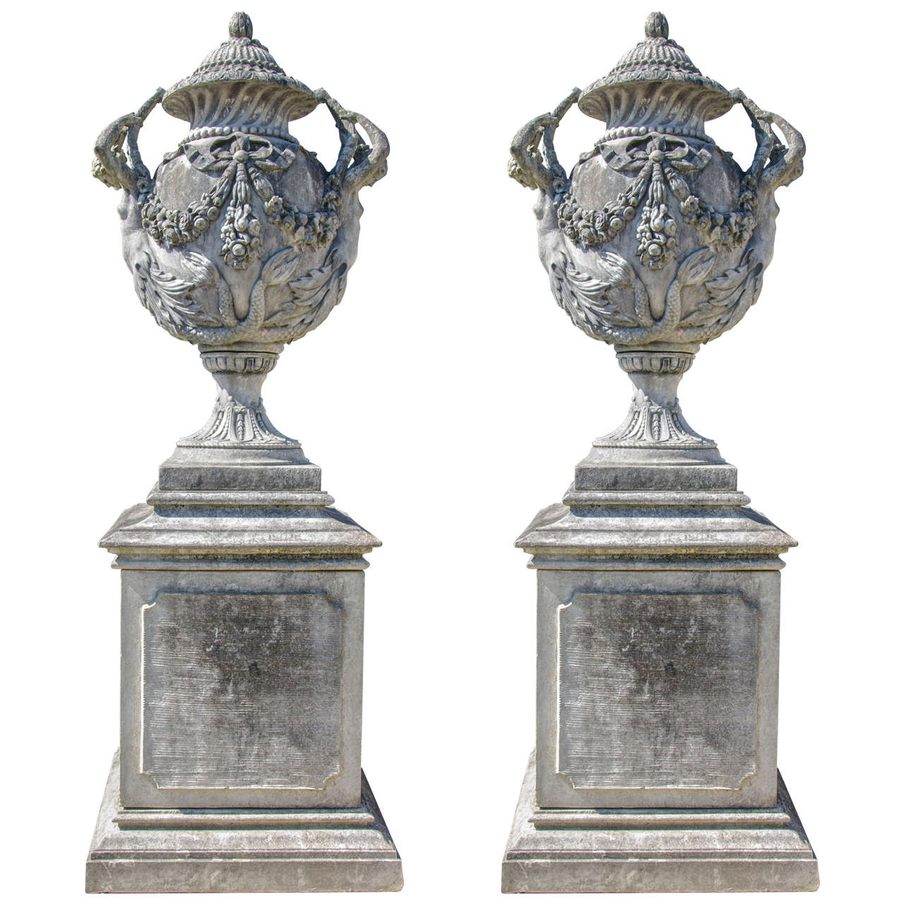 Pair of Large Ornate Stone Urns on Plinths For Sale at 1stDibs