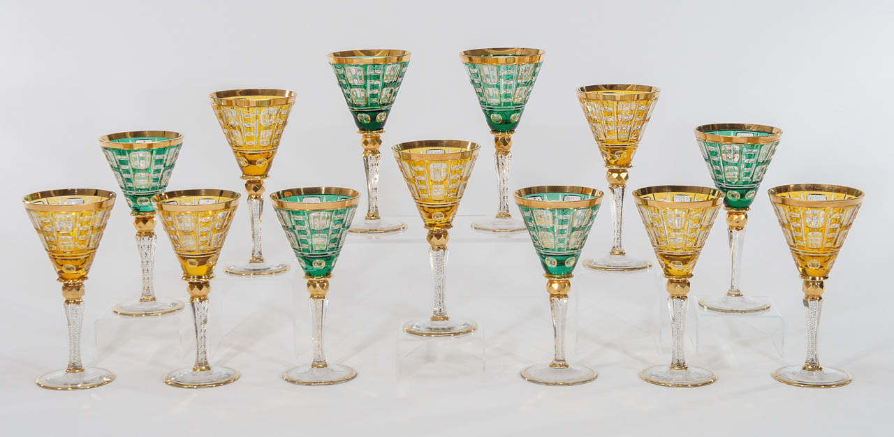 Set of 13 Harrach/Moser Monumental Cut to Clear Goblets with Gold at ...