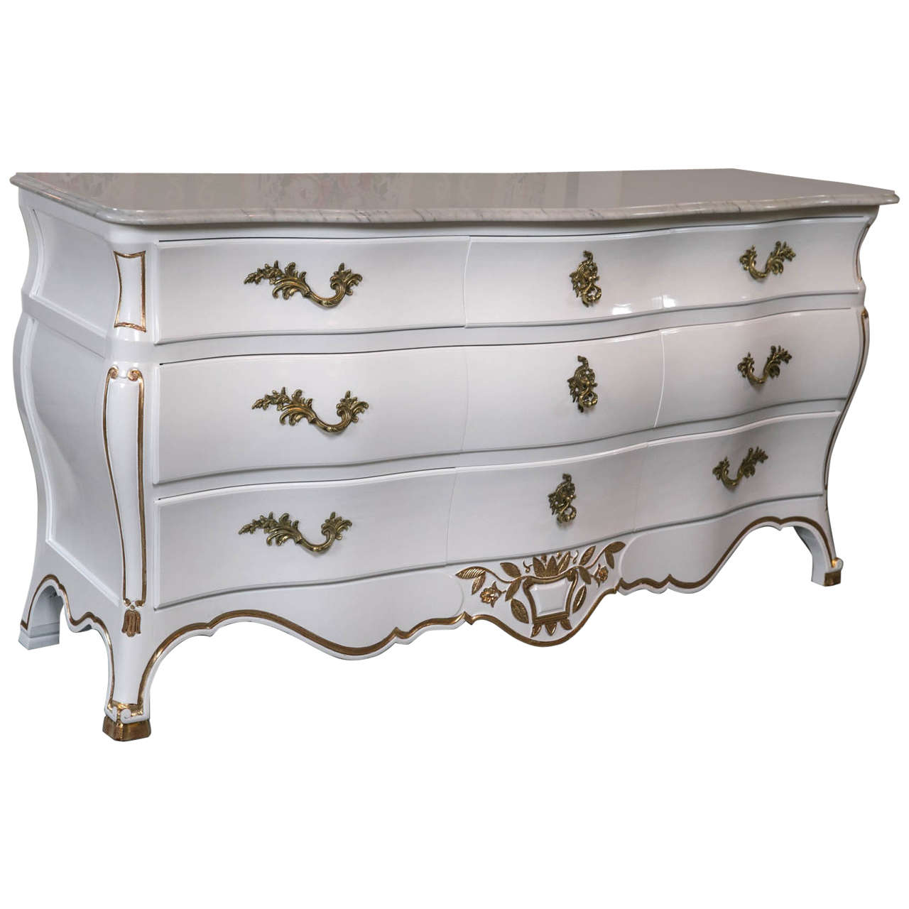 White and Gilt Gold Decorated Louis XV Style Bombe Dresser Carrara ...