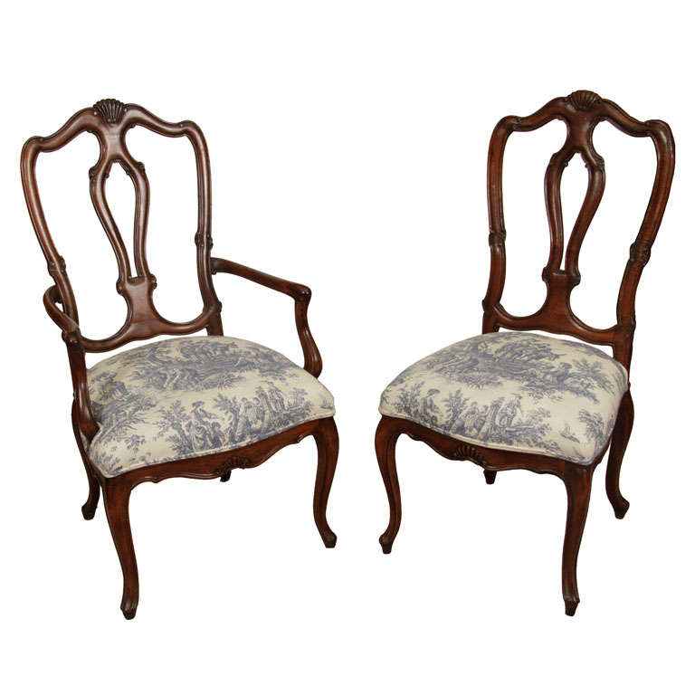 Set of 8 Cherry Wood Dining Chairs in White and Blue Toile at 1stDibs ...