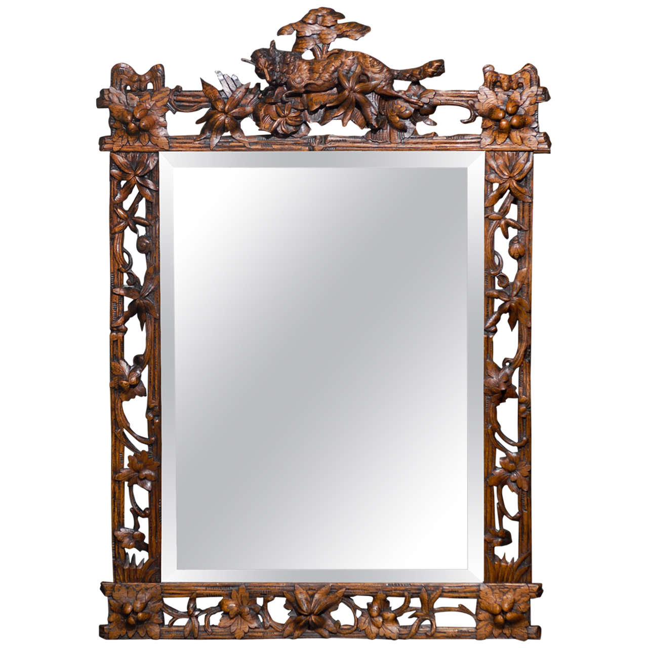 Carved Black Forest Mirror with Fox at 1stDibs