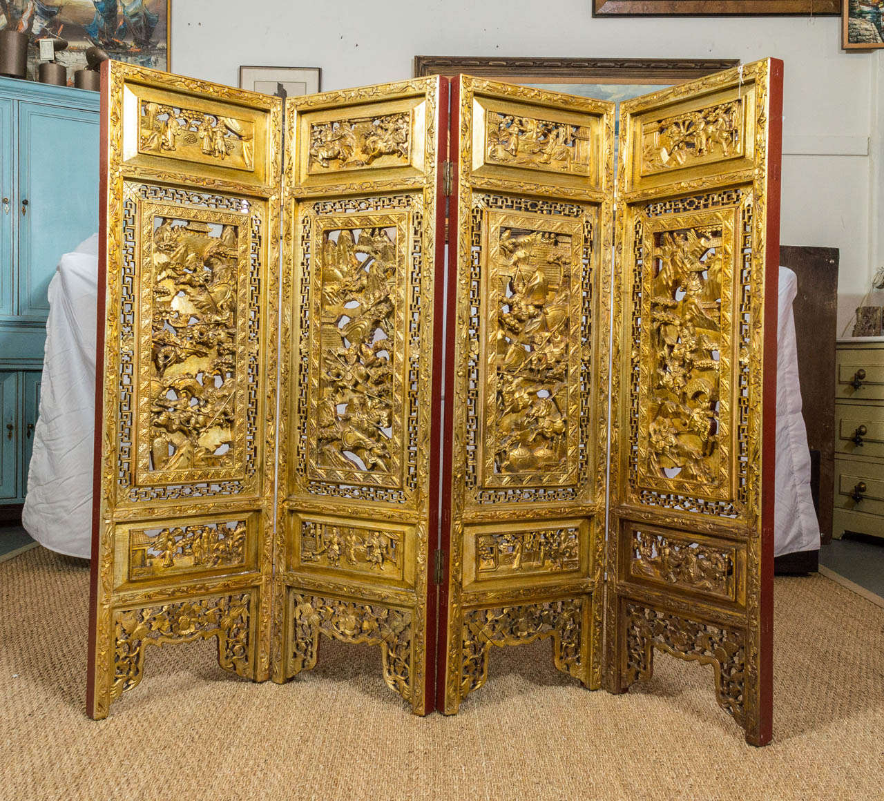 19th Century Chinese Gilded Hand Carved Asian Screen at 1stDibs