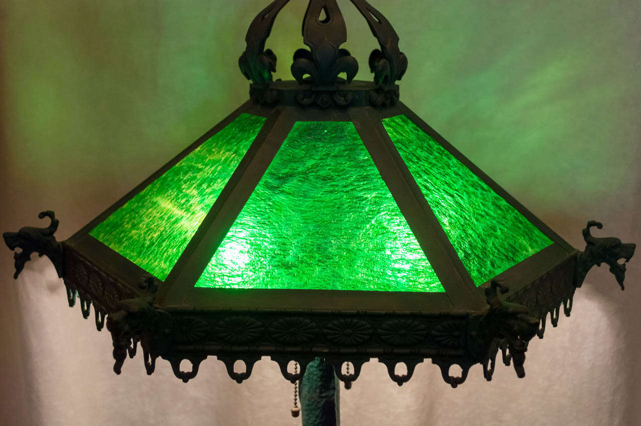 Incredible Bronze Slag Glass Panel Lamp at 1stDibs