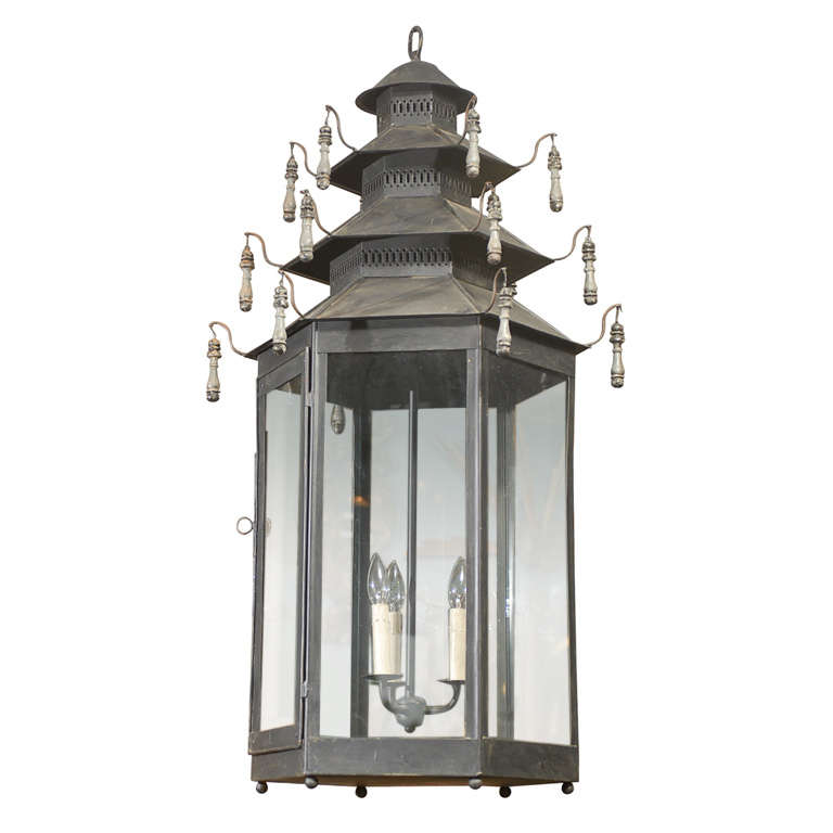 Hexagonal Three-Light Black Painted Tole Lantern with Custom Tassels at ...