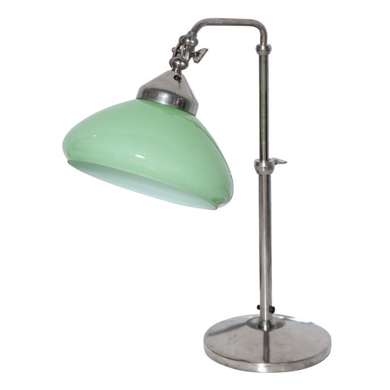 Italian Bank Table Lamp in Nickel Plate with Jadeite Cased Glass Shade ...